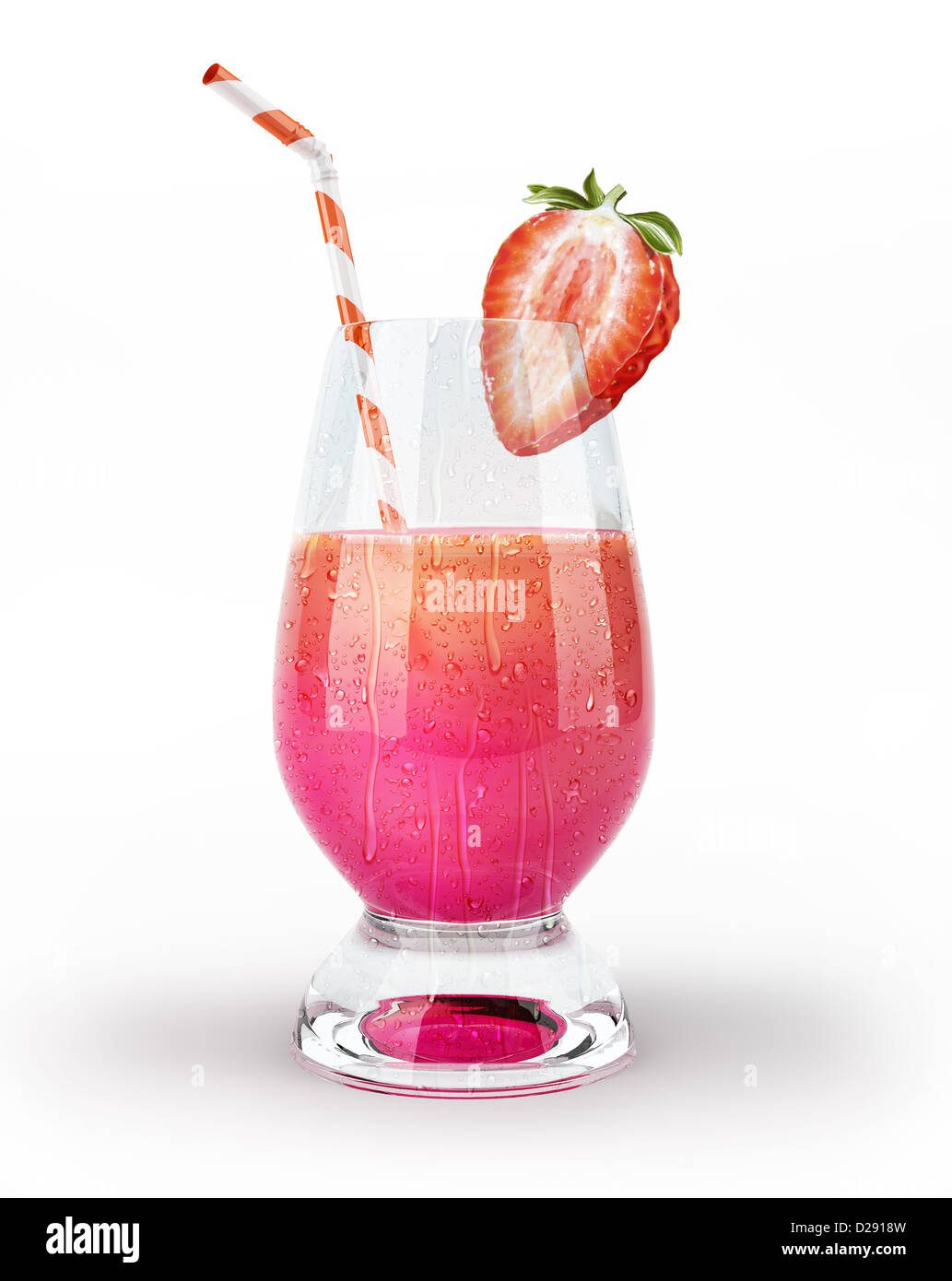 Strawberry drink glass, with half strawberry and a straw. On white ...