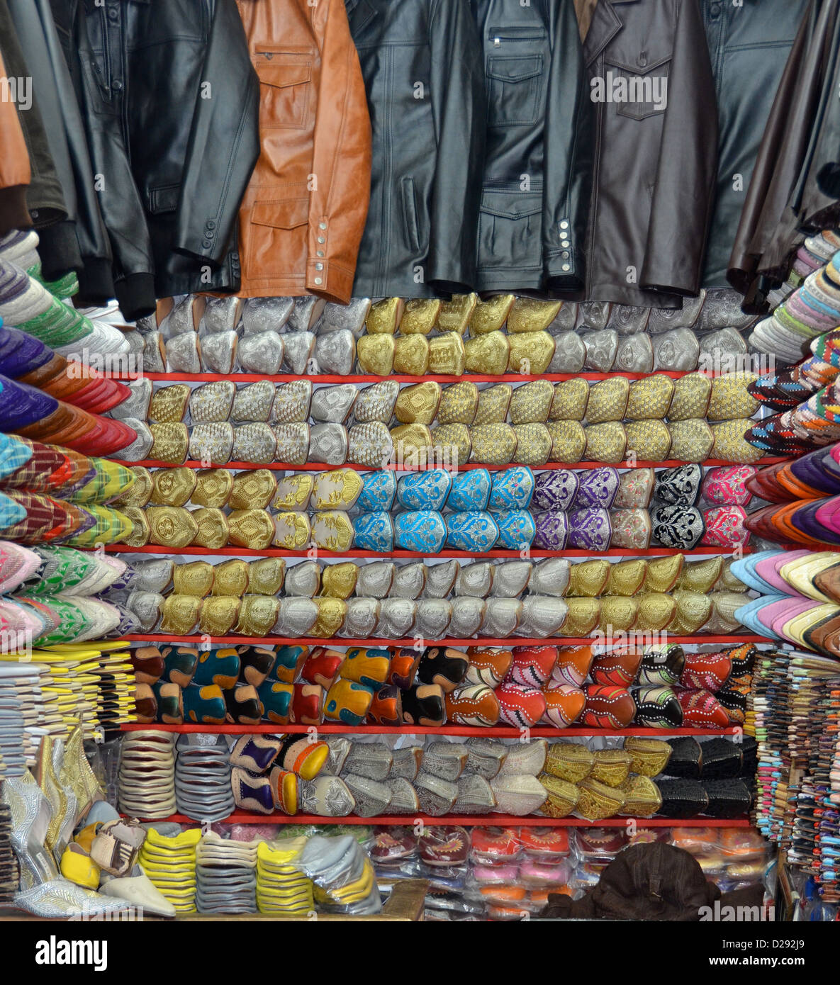 Leather goods for sale, Fez, Morocco, Fes Stock Photo - Alamy
