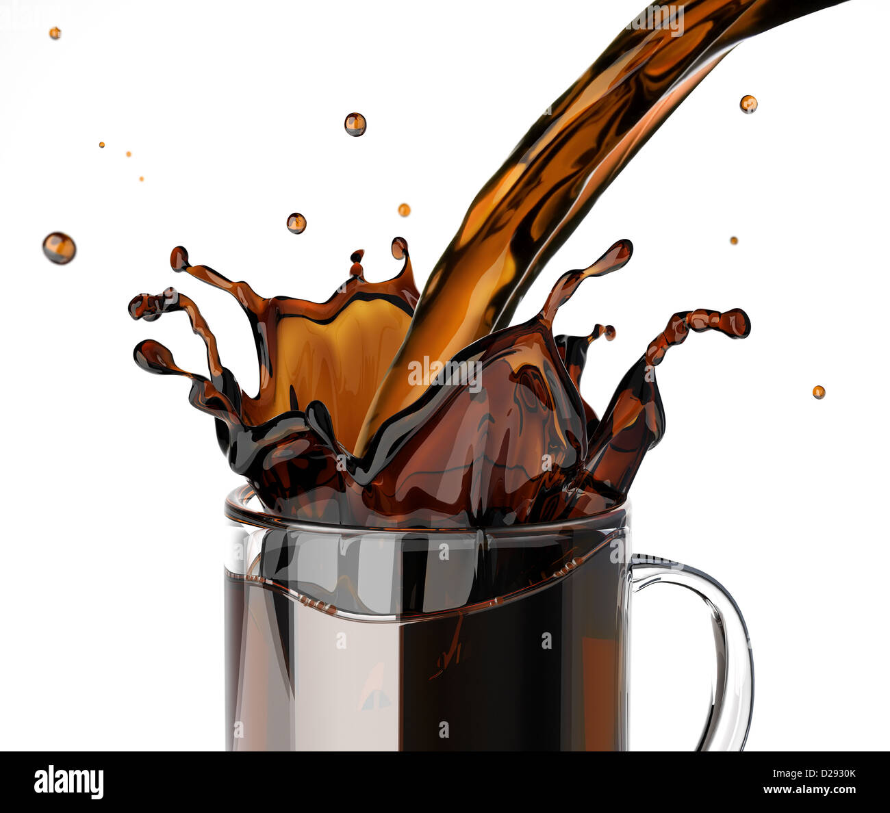 Pouring coffee splashing into a glass mug. On white background Stock ...