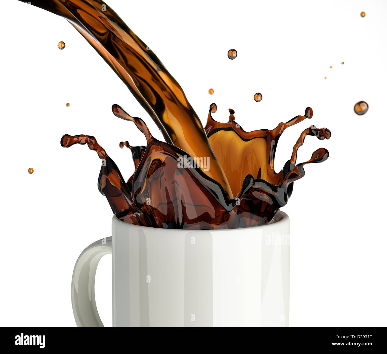 Pouring coffee splashing into a glass mug. On white background Stock ...