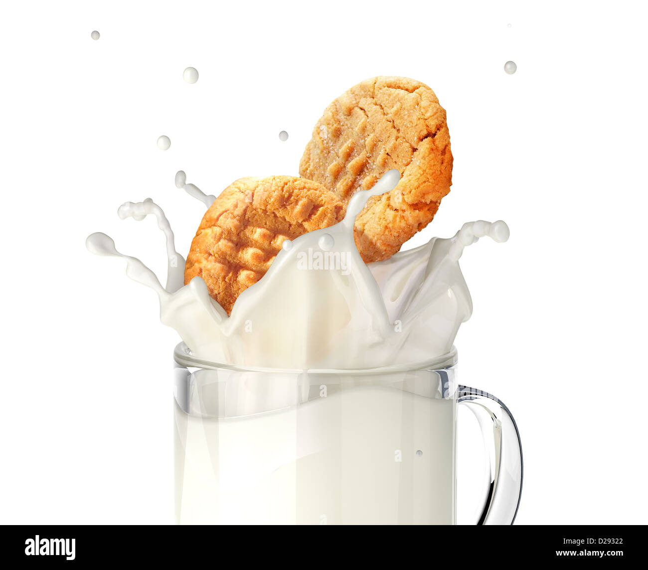 Two cookies biscuits falling into a glass mug full of milk, splashing ...