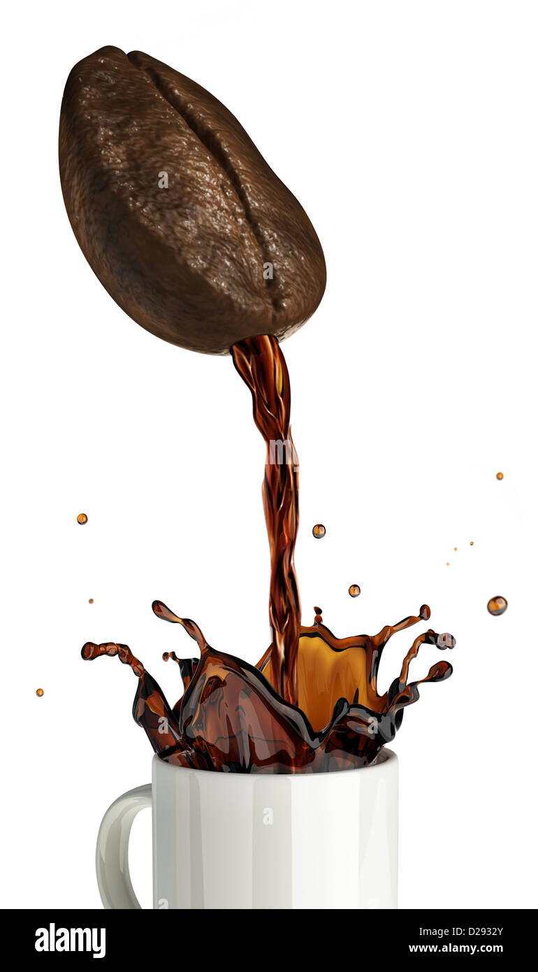Huge coffee bean with hole pouring coffee into a mug splashing. On ...