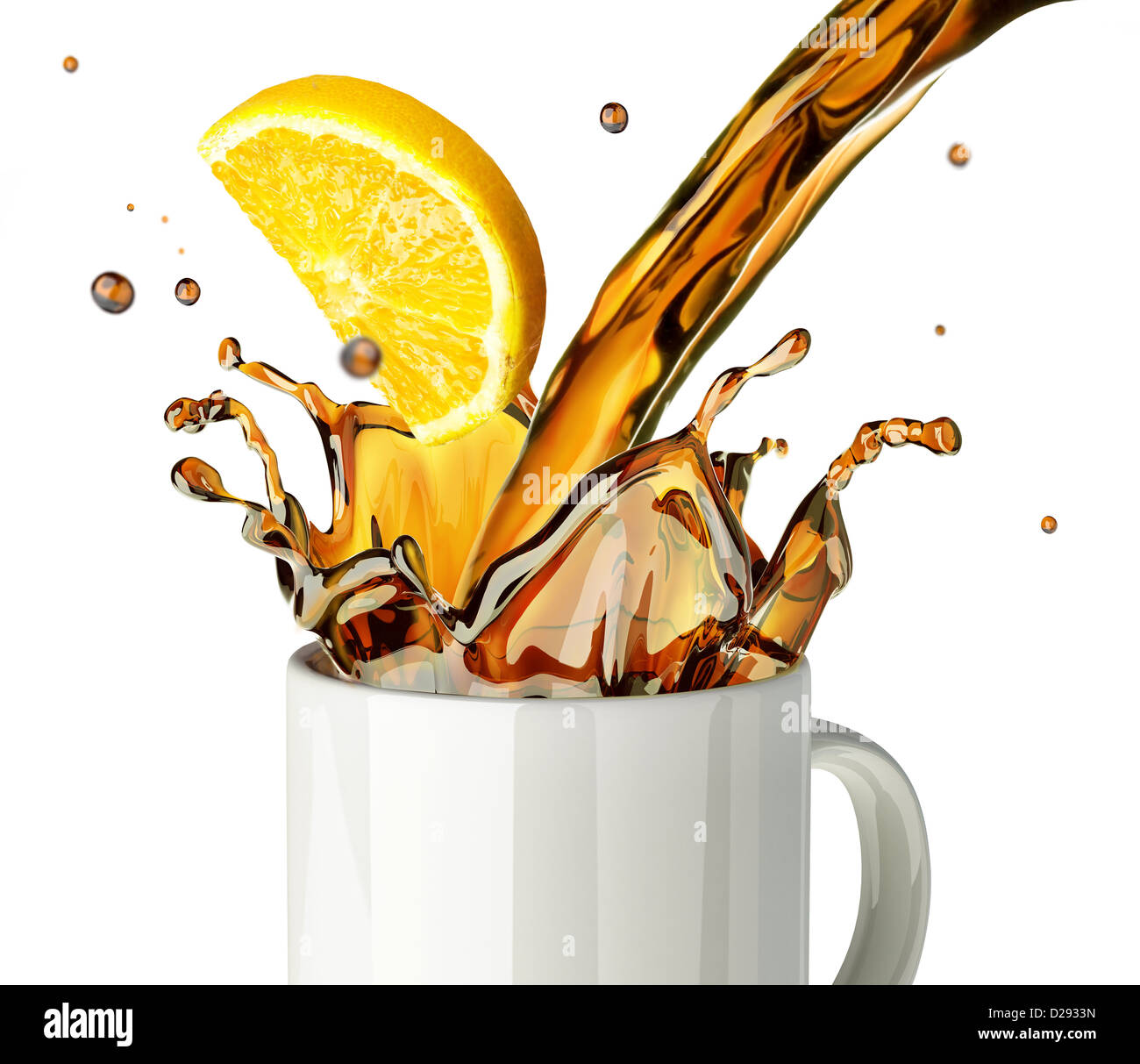 Pouring lemon tea splashing into a glass mug. On white background Stock ...