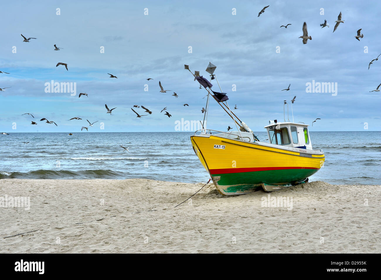 fisher boat and seagull Stock Photo - Alamy
