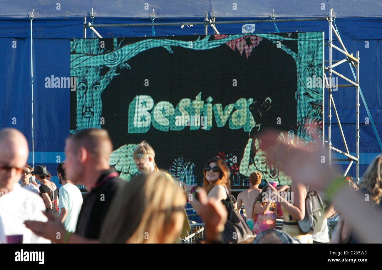 the bestival sign with crowds walking past at bestival festival, isle ...