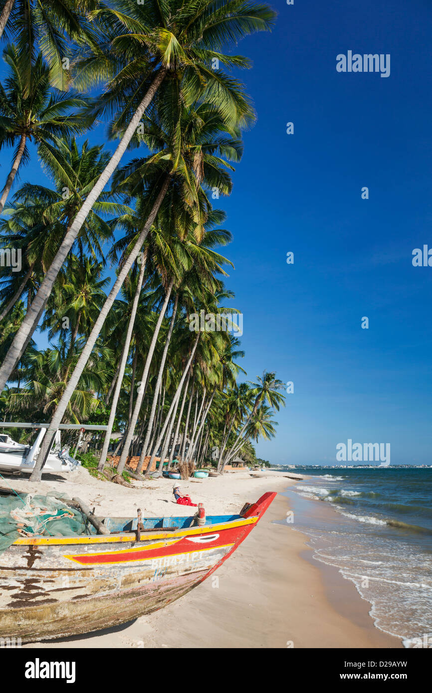 Vietnam, Mui Ne, Mui Ne Beach, Fishing Boat and Palm Trees Stock Photo ...