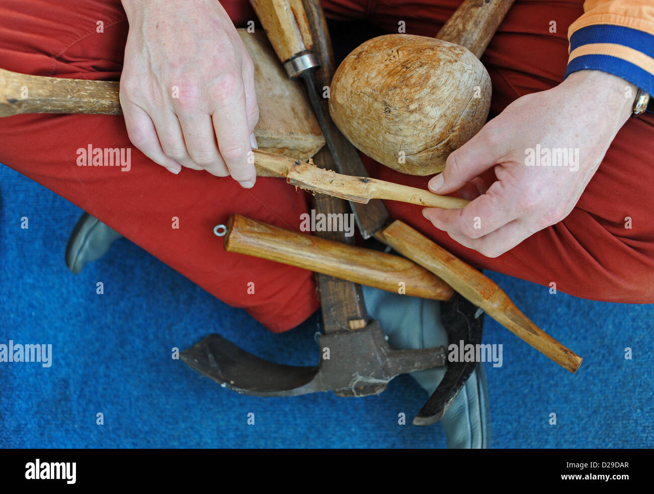 Wood sculpture hand made tools and artist hands Stock Photo - Alamy