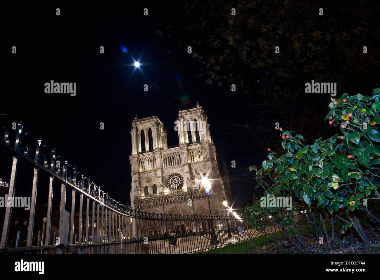 Paris in the latin quarter, view on Notre Dame cathedral at night Stock ...