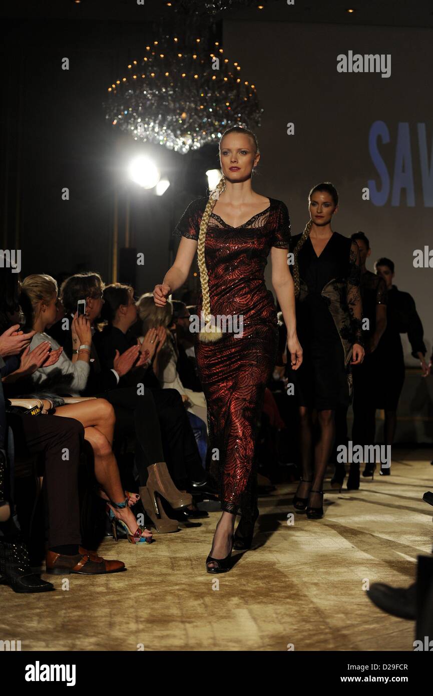 Models presents a creation at the Sava Nald show offsite the Mercedes ...