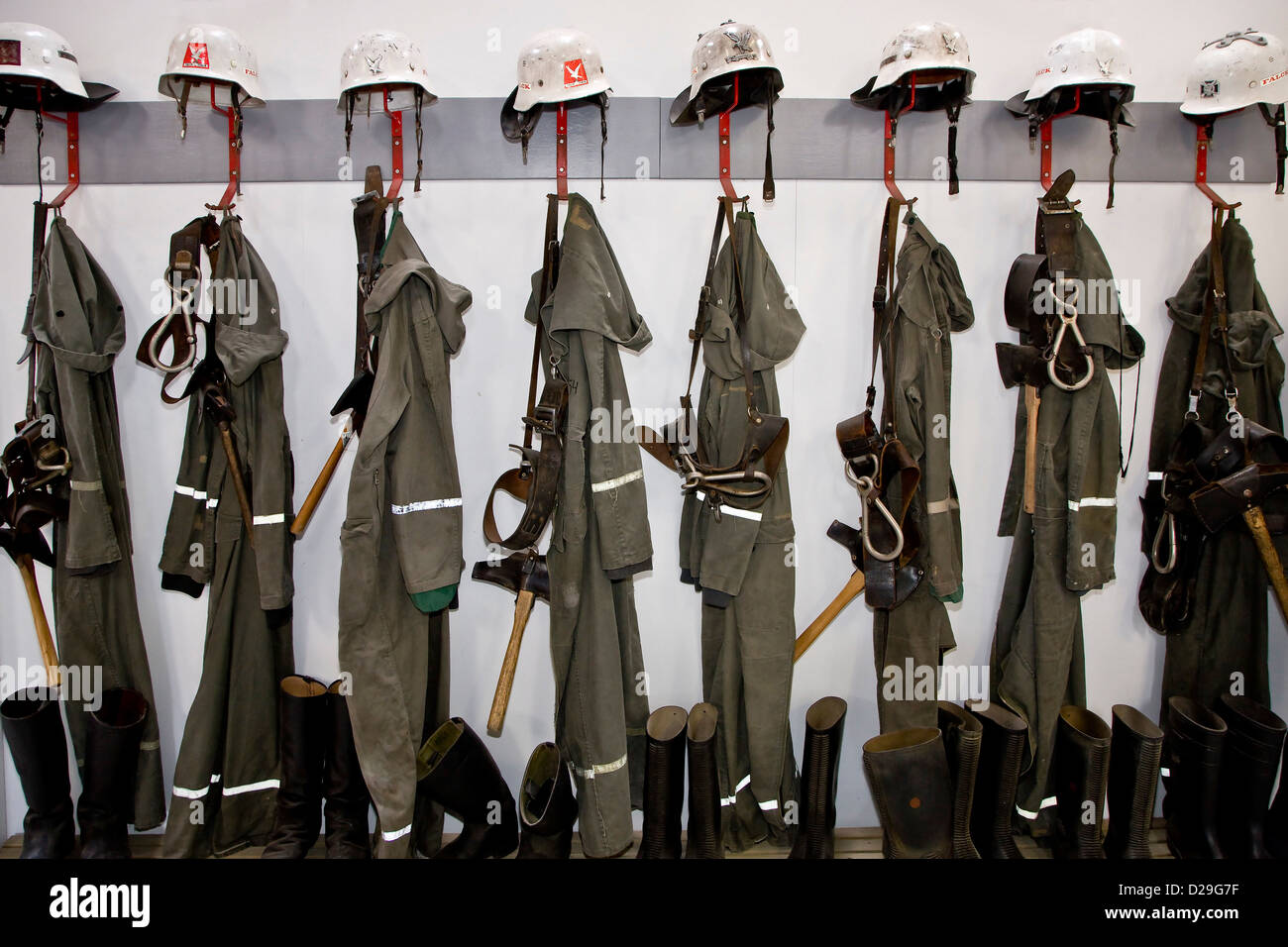 Firefighters coat rack Stock Photo - Alamy