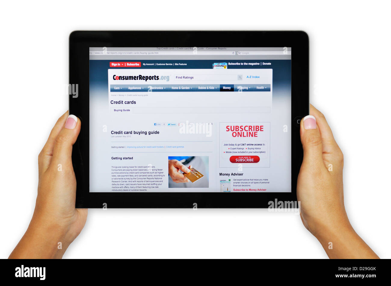 iPad screen showing Consumer Reports website - online reviews and ...