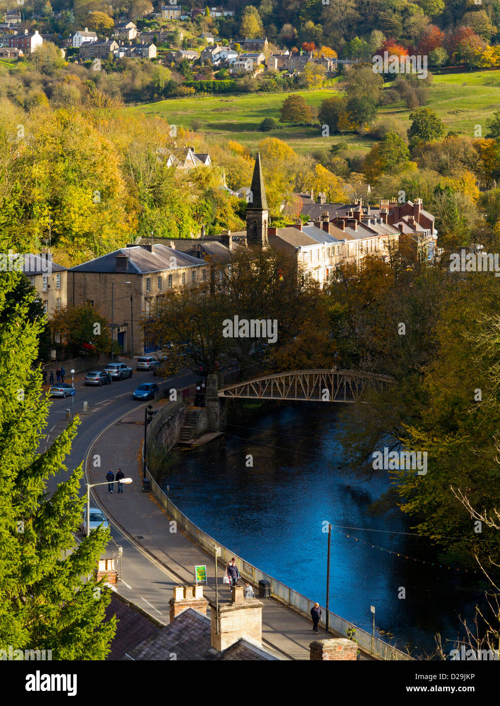 View looking down on the River Derwent and bridge in Matlock Bath a ...