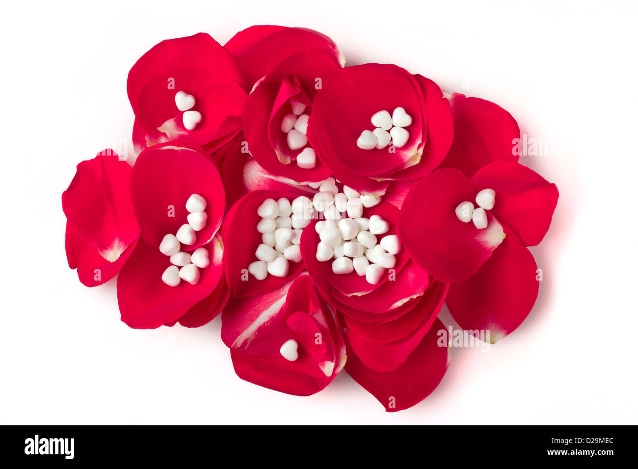 Petals of rose filled with candy heart shape Stock Photo - Alamy