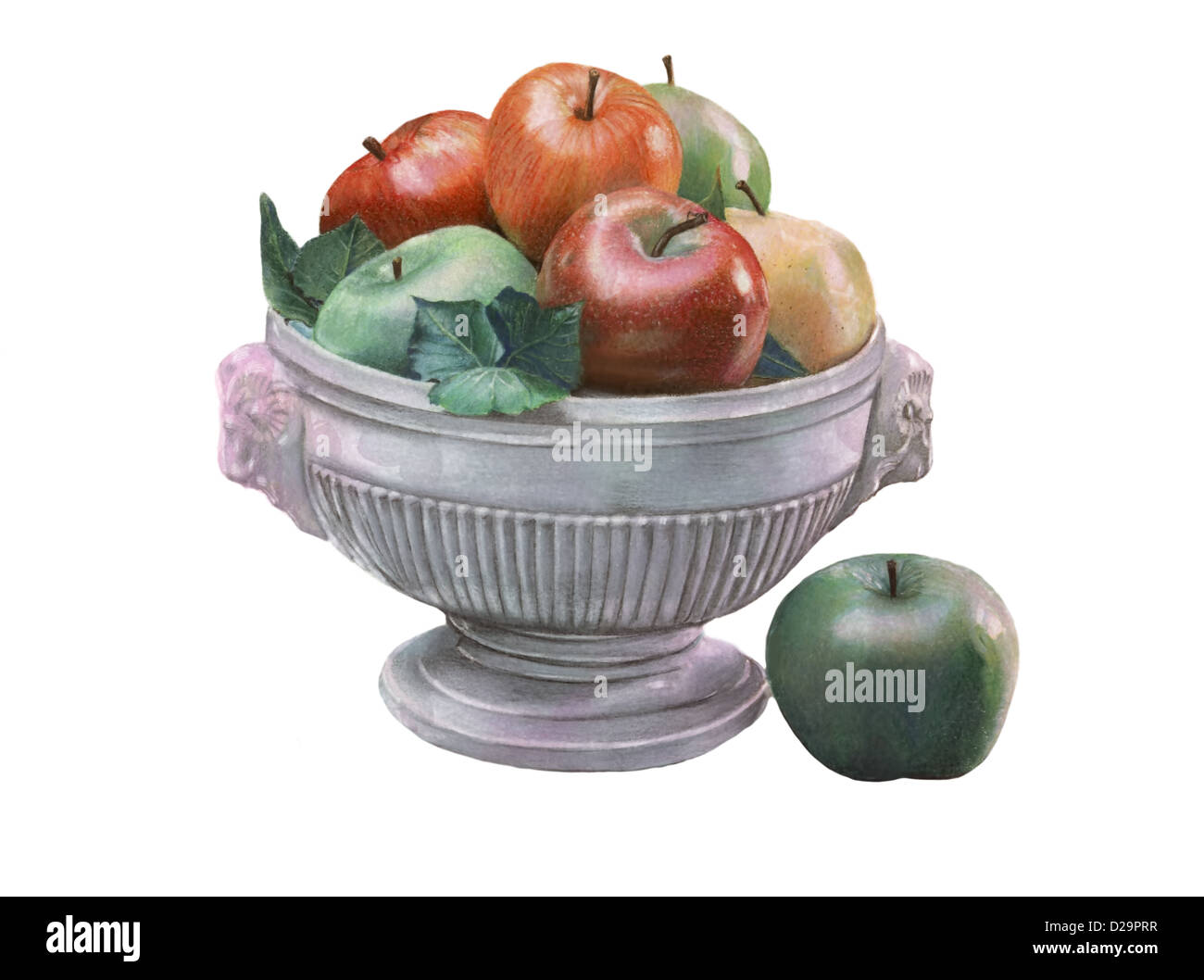 pastel illustration of red and green apples in a bowl Stock Photo - Alamy