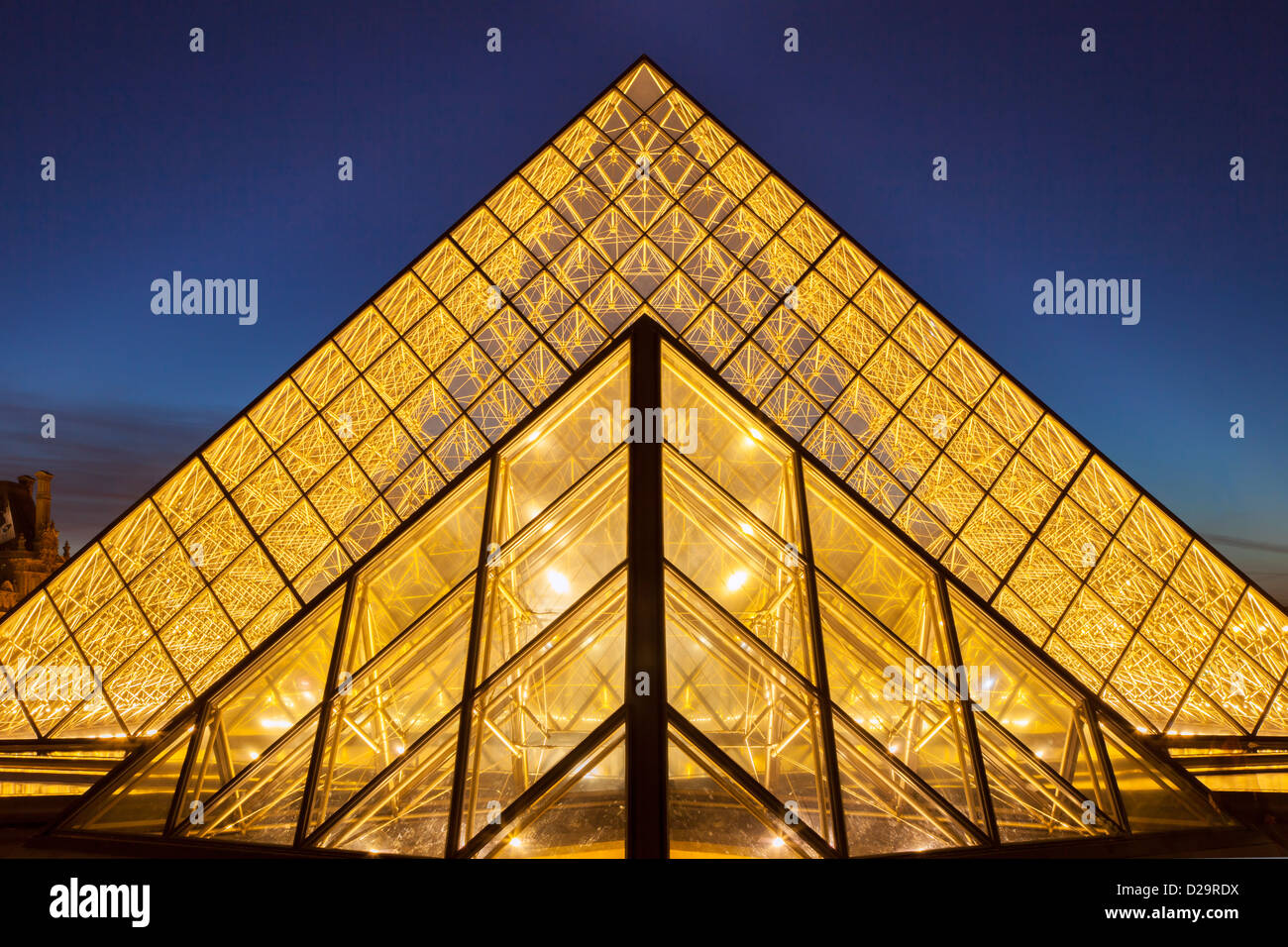 Glass pyramids outside Musee du Louvre at twilight, Paris France Stock ...