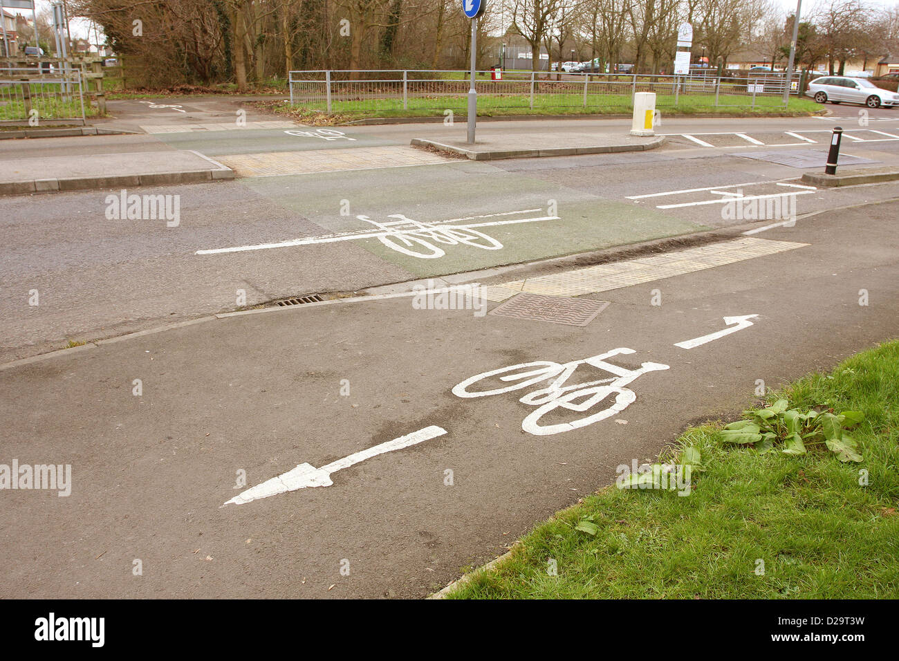 Cycle route markings on the footway and highway in Bradley Stoke ...