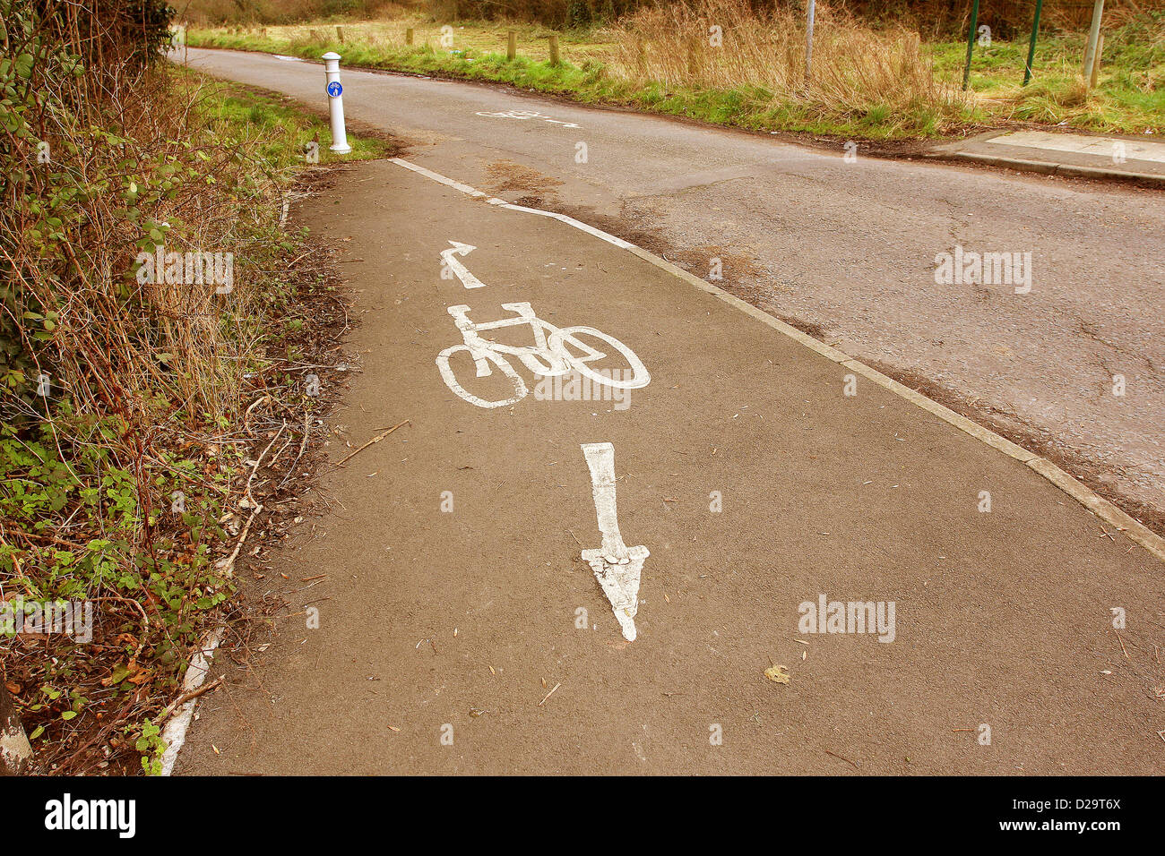Cycle route markings on the footway and highway in Bradley Stoke ...