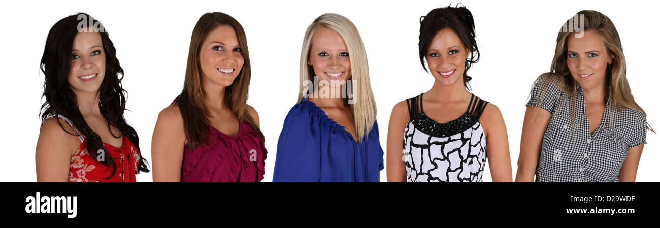 Group of five woman on a white background Stock Photo - Alamy