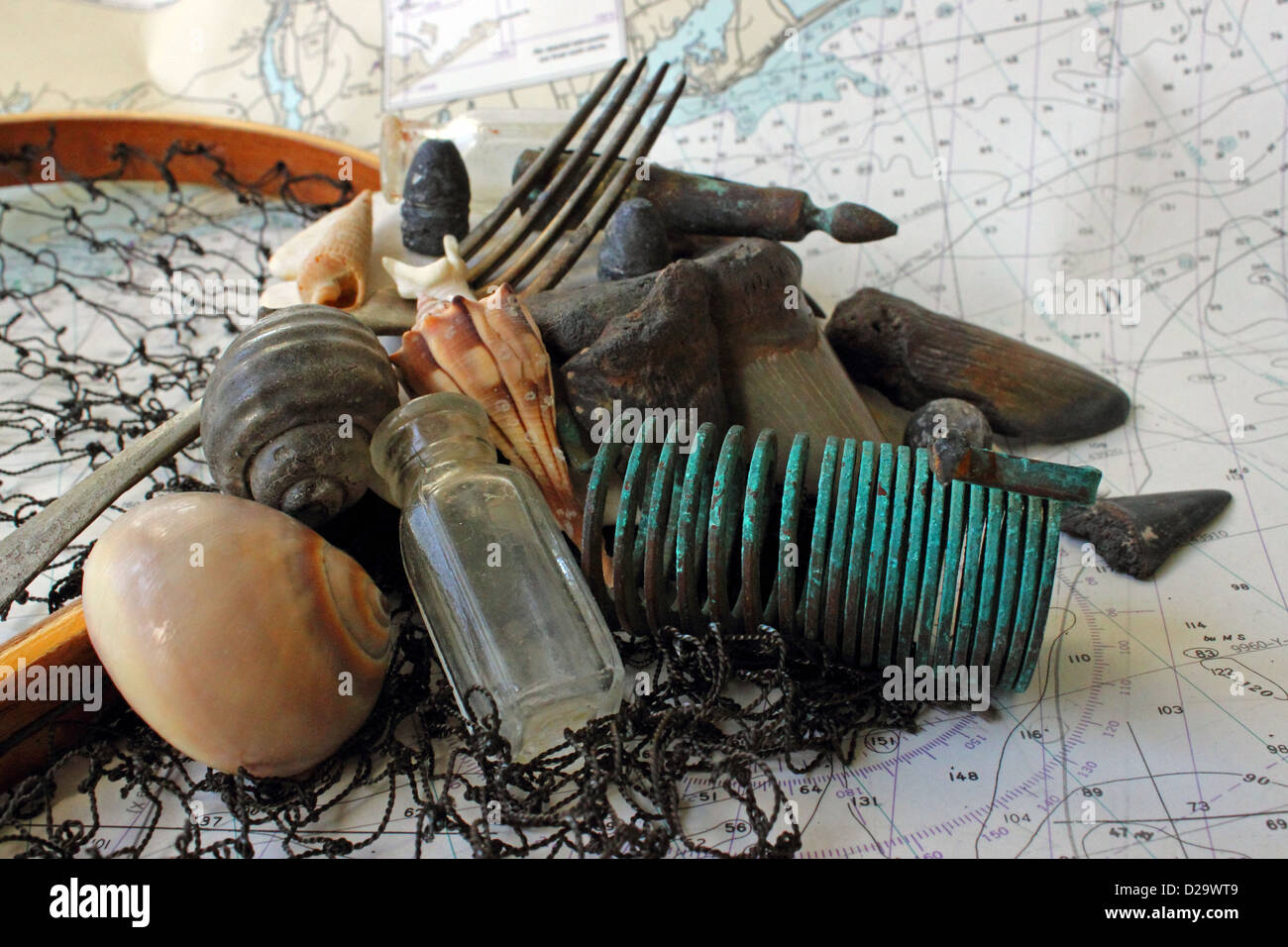 A collection of items and artifacts recovered from the ocean bottom ...
