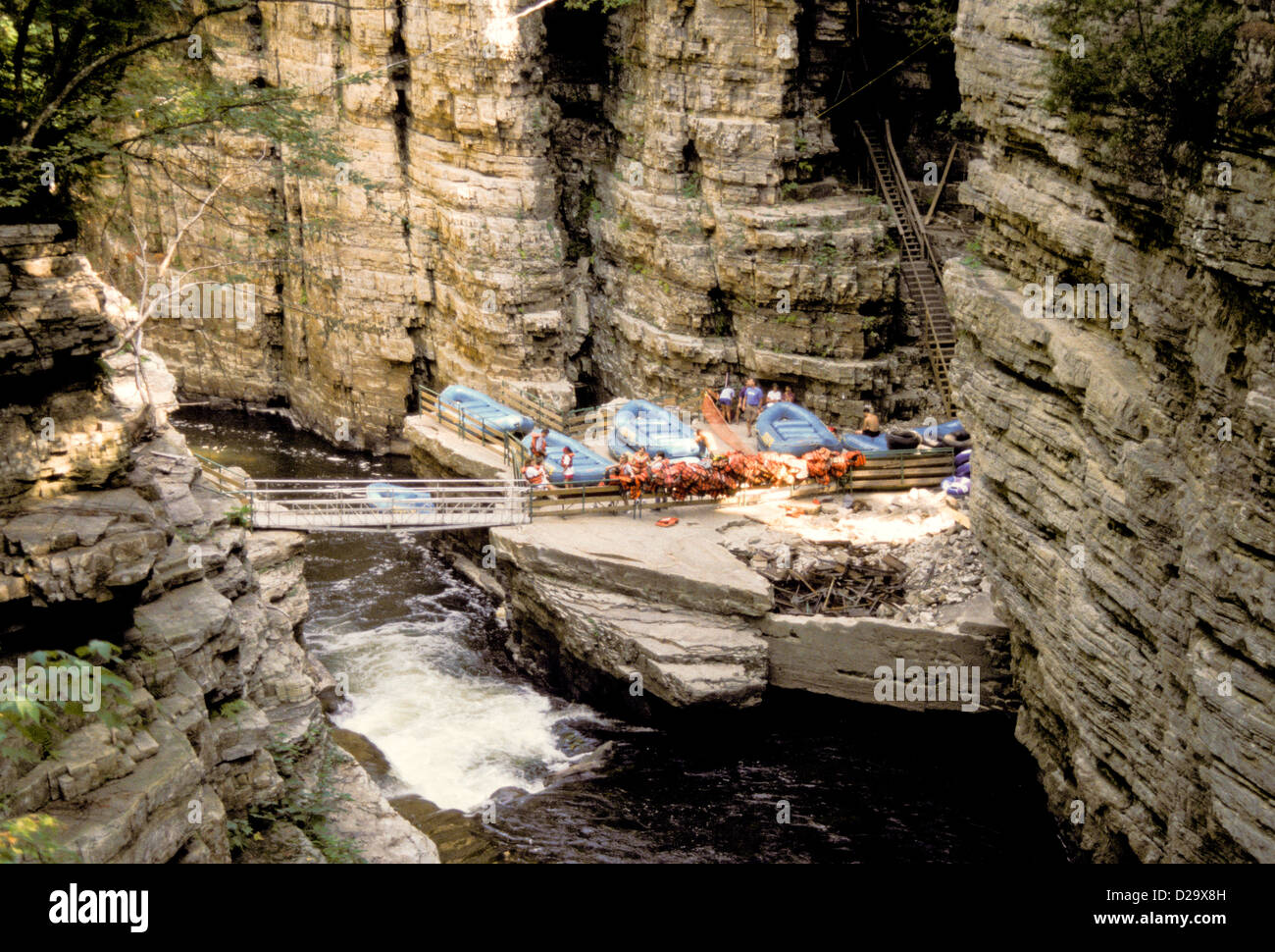 New York, Ausable Chasm, Boats Along Ledge Of Creek, Rocks And Cliffs ...