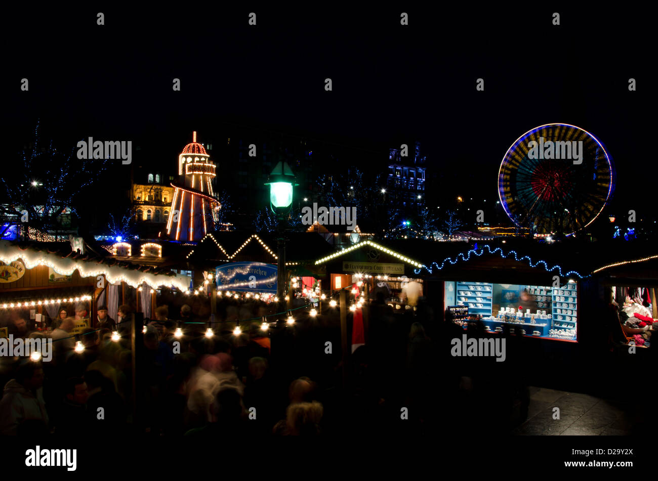 Night-time shot of the German Market in Princes Street, Edinburgh ...