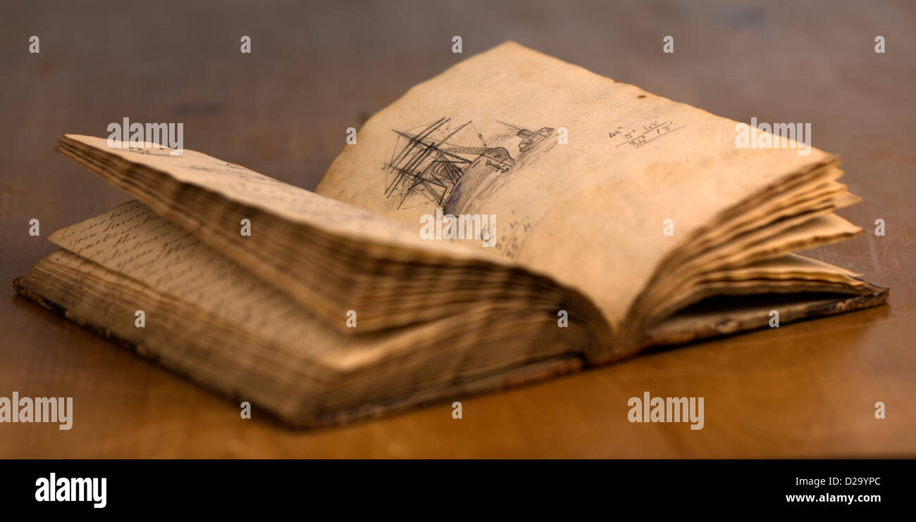 Antique notebook with pencil drawing of ship Stock Photo - Alamy