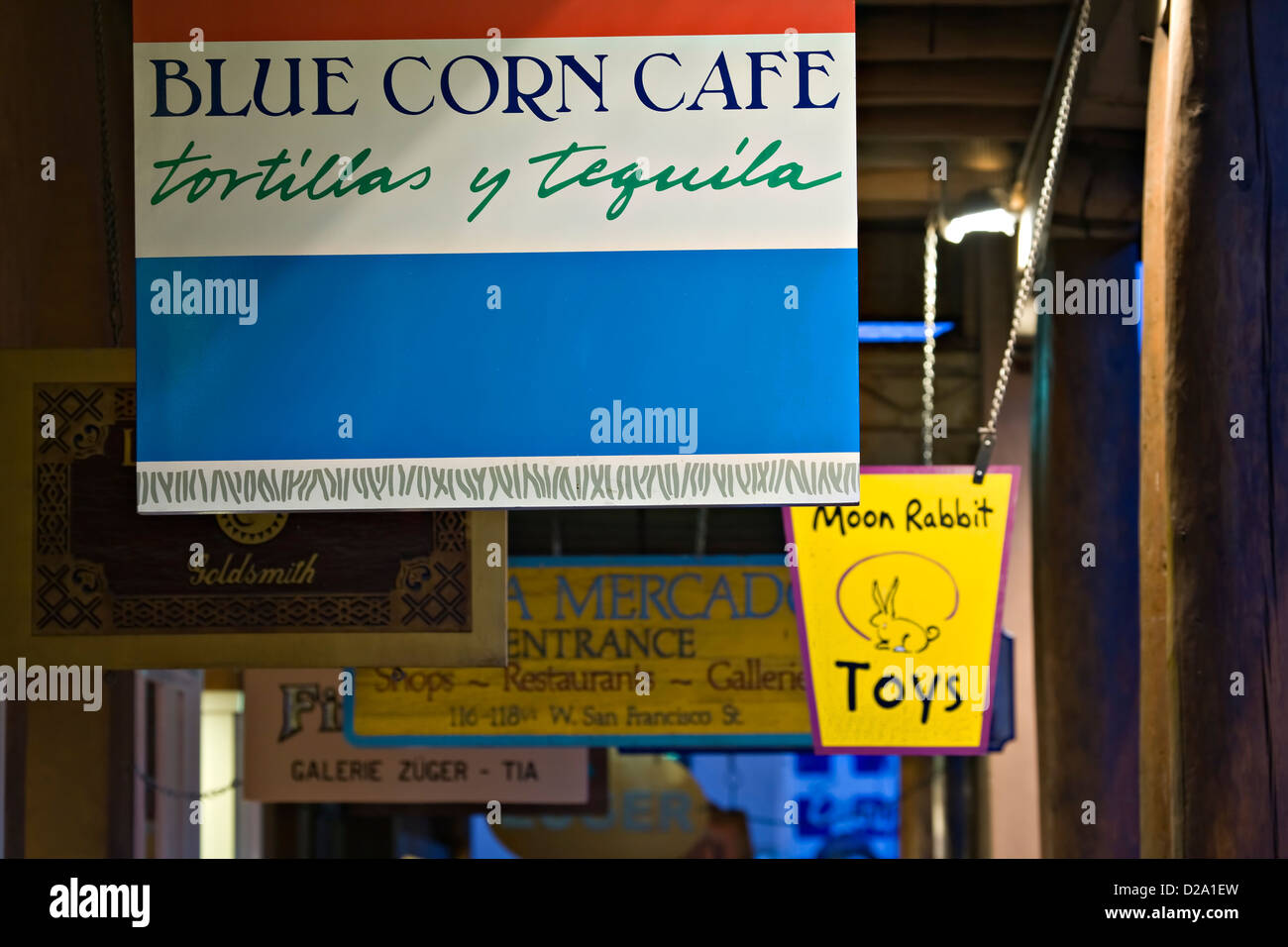 Merchant signs along San Francisco Street in Santa Fe, New Mexico Stock ...