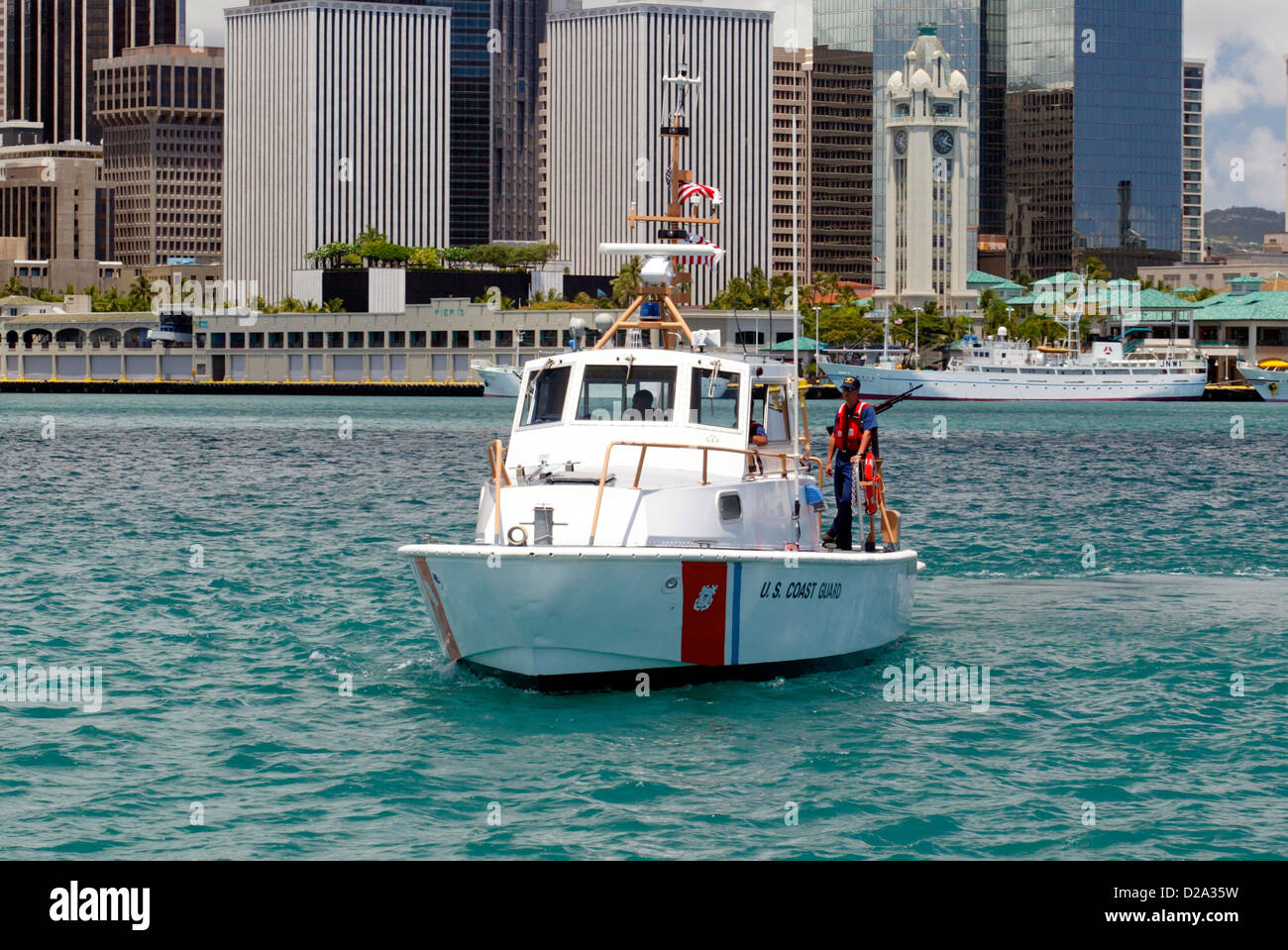 U.S. Coast Guard Boat On A Patrol Mission In Honolulu Harbor Stock ...