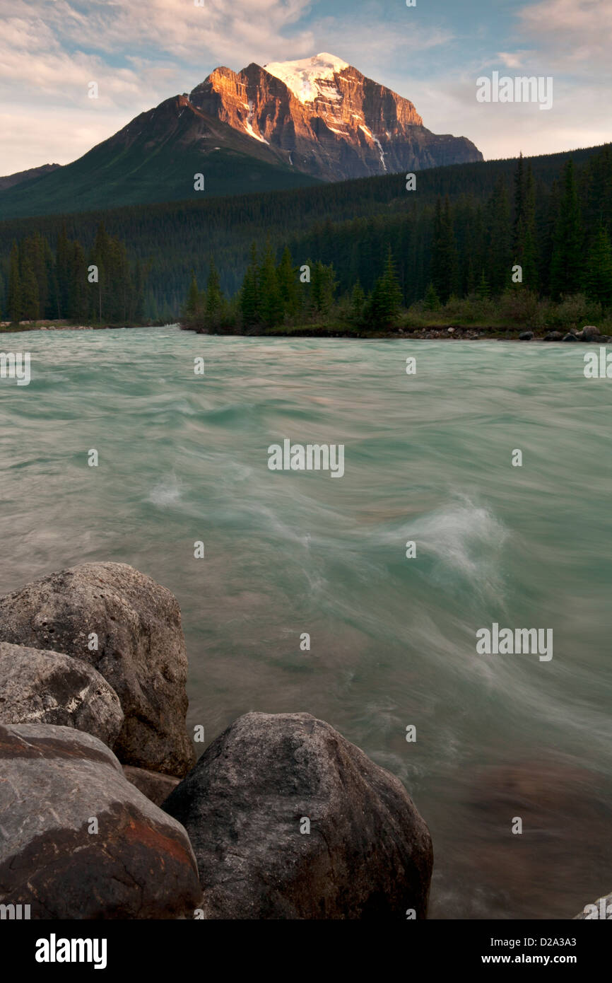 Evening light on Mount Temple above the Bow River in Banff National Park, Canadian Rockies ...