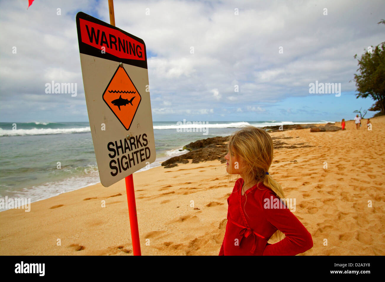 Hawaii, Oahu, North Shore. Girl Reading Shark Sighting Sign Stock Photo ...