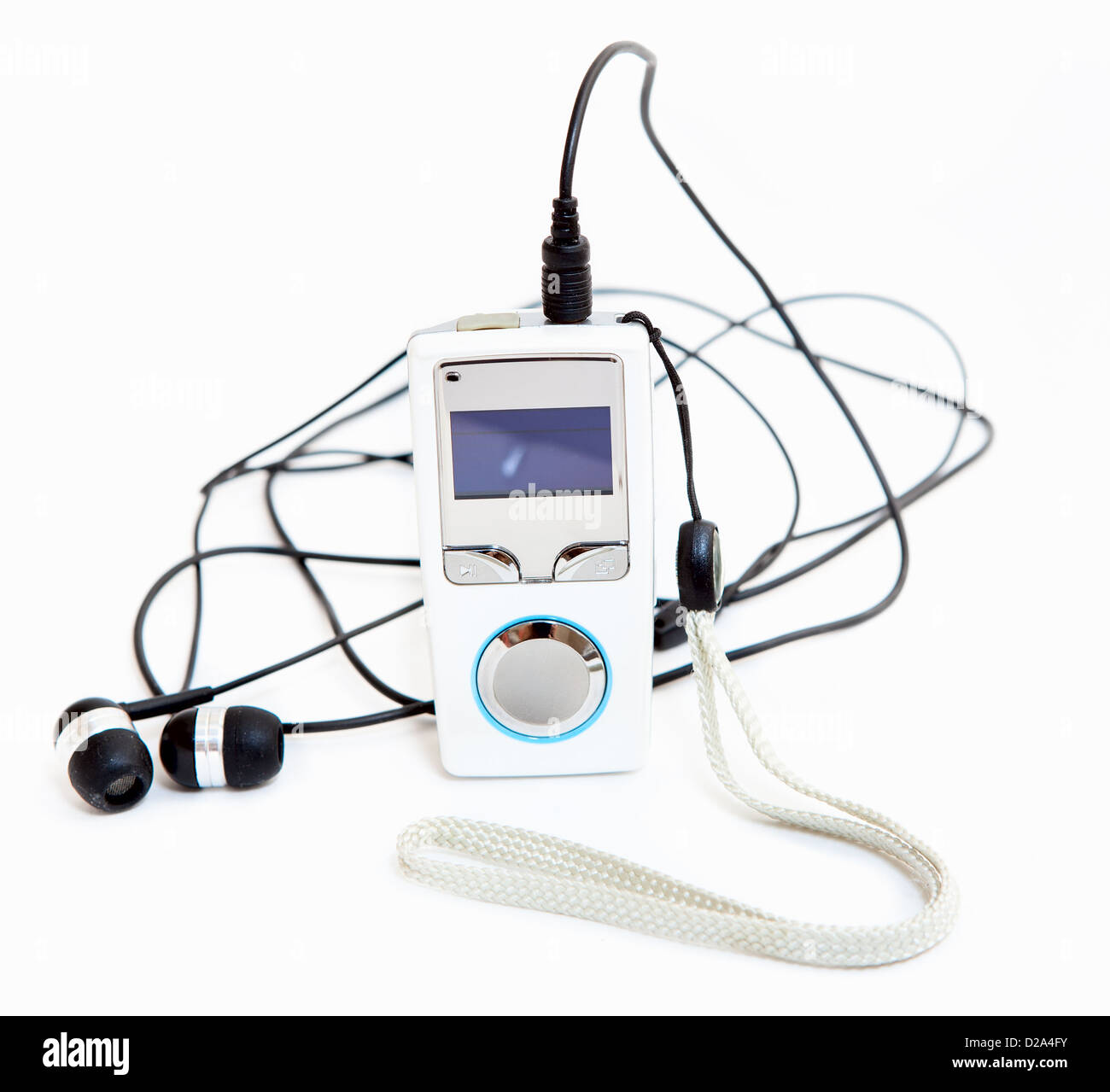 Mp3 player with headphones on white background Stock Photo - Alamy