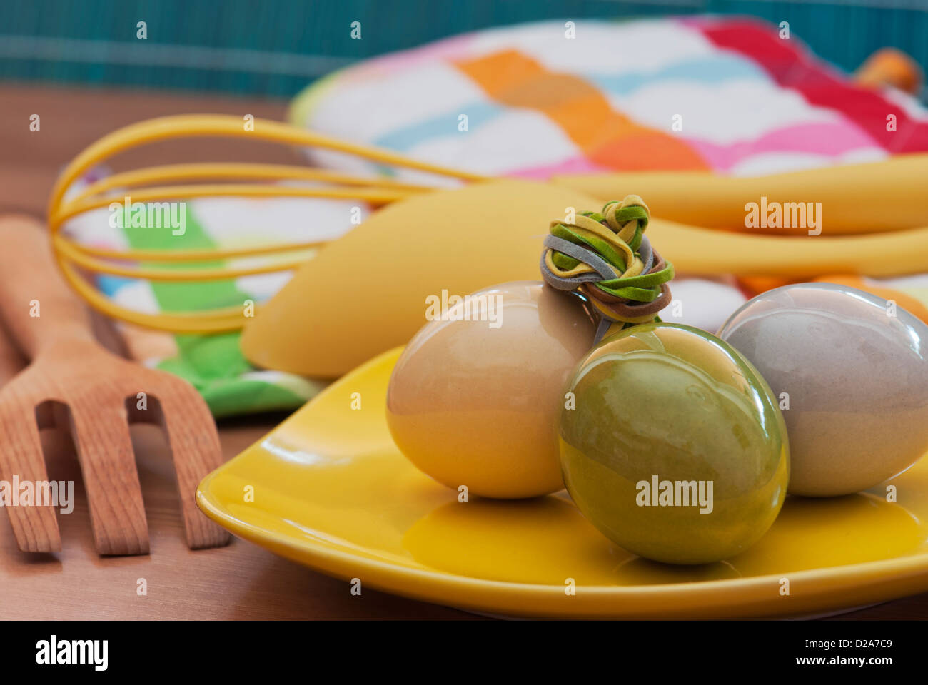 Easter ceramic eggs and decorative kitchen utensils Stock Photo - Alamy