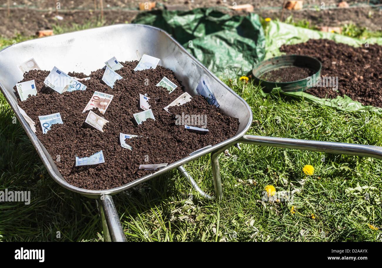 Euro notes in wheelbarrow of dirt Stock Photo - Alamy