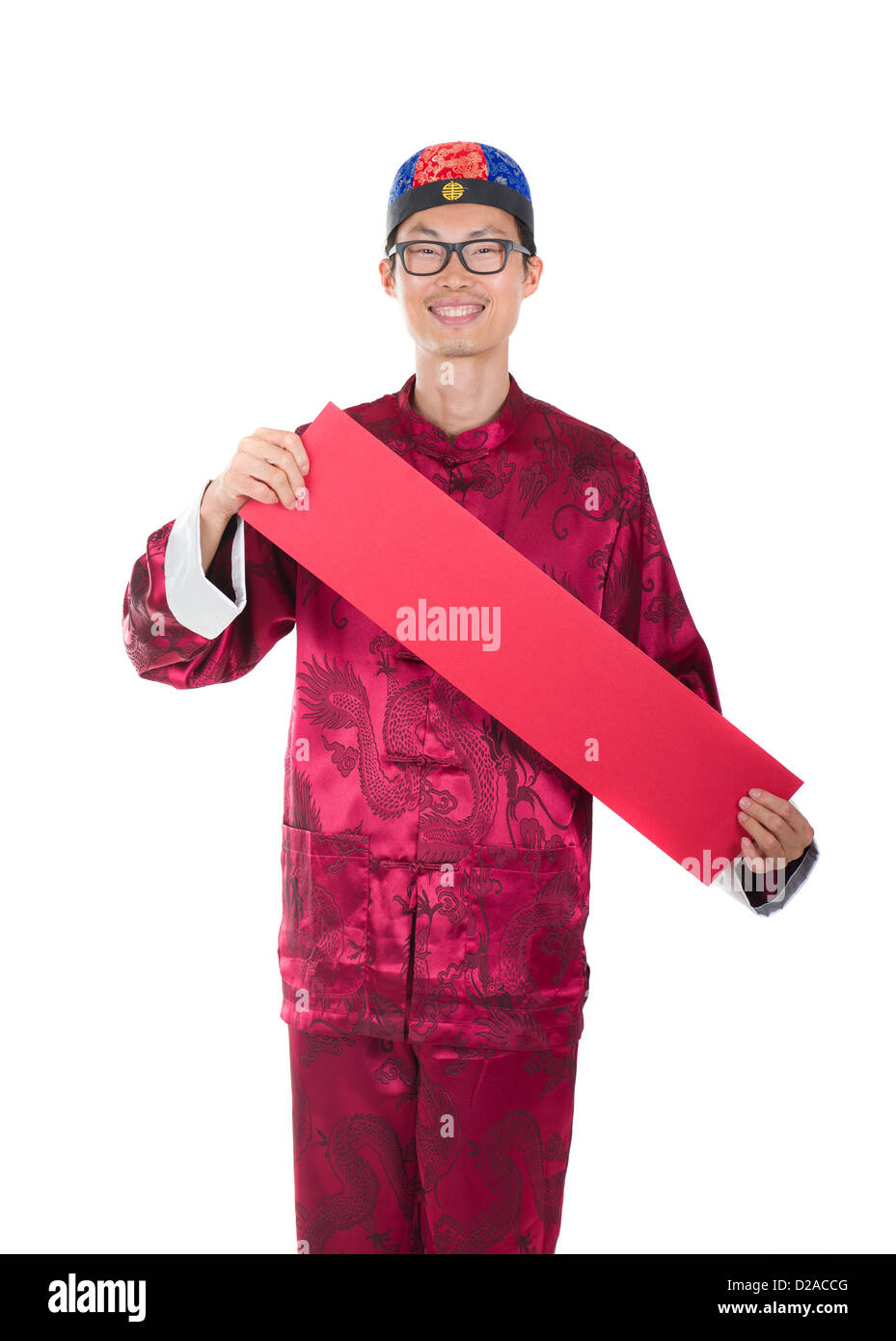 traditional chinese man with greeting banner during chinese new year ...