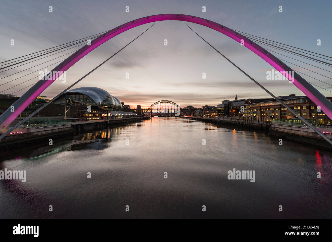 Tyneside at dusk, view of river Tyne, Sage Gateshead and Tyne Bridge ...