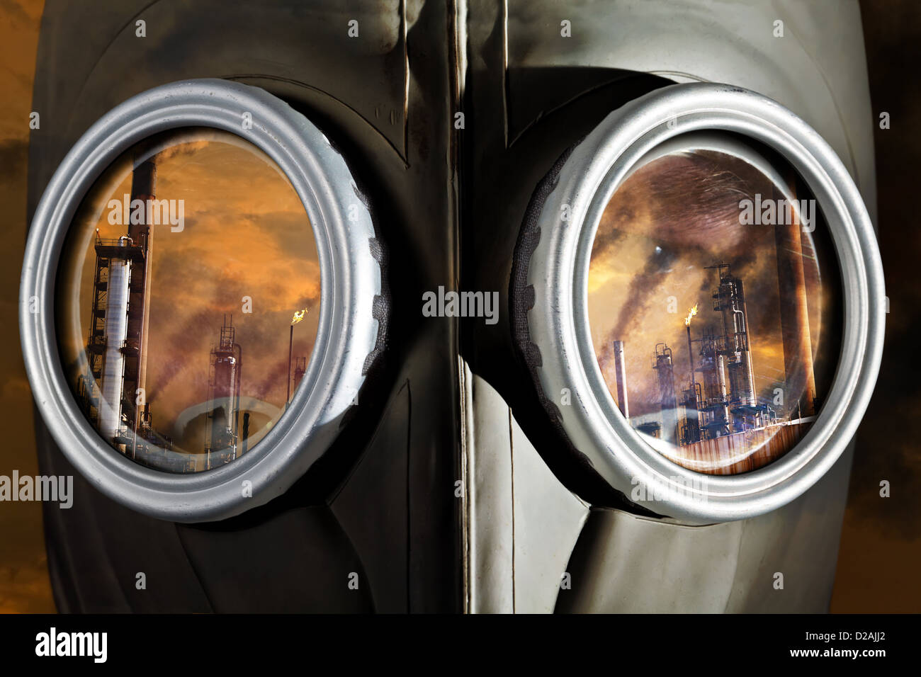 A close up of a gas mask with the smog and pollution of a refinery ...