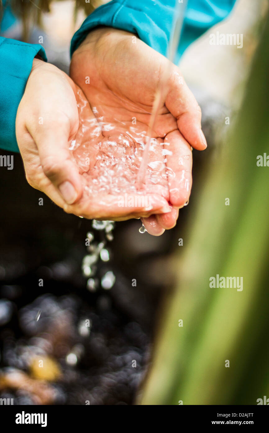 Woman catching water stream in hands Stock Photo - Alamy