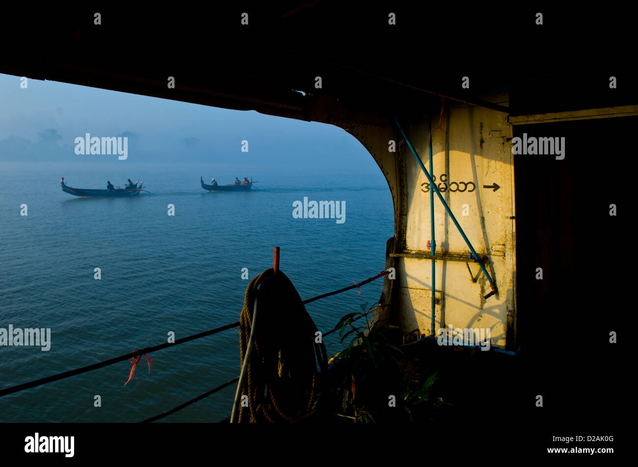 two ships sailing down the irrawaddy river, myanmar (burma Stock Photo ...