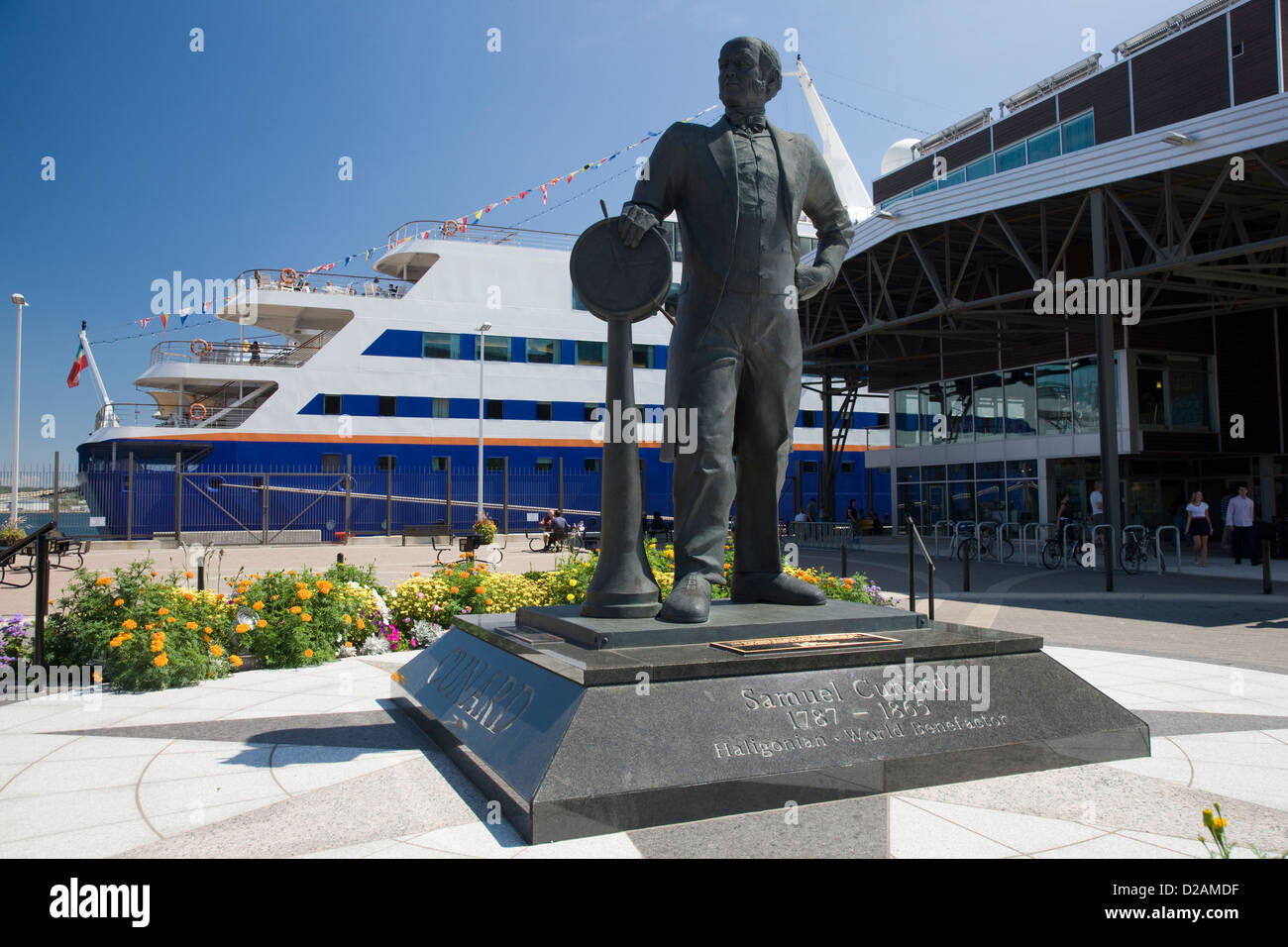 Bronze statue of Samuel Cunard, founder of the Cunard line, in front of ...