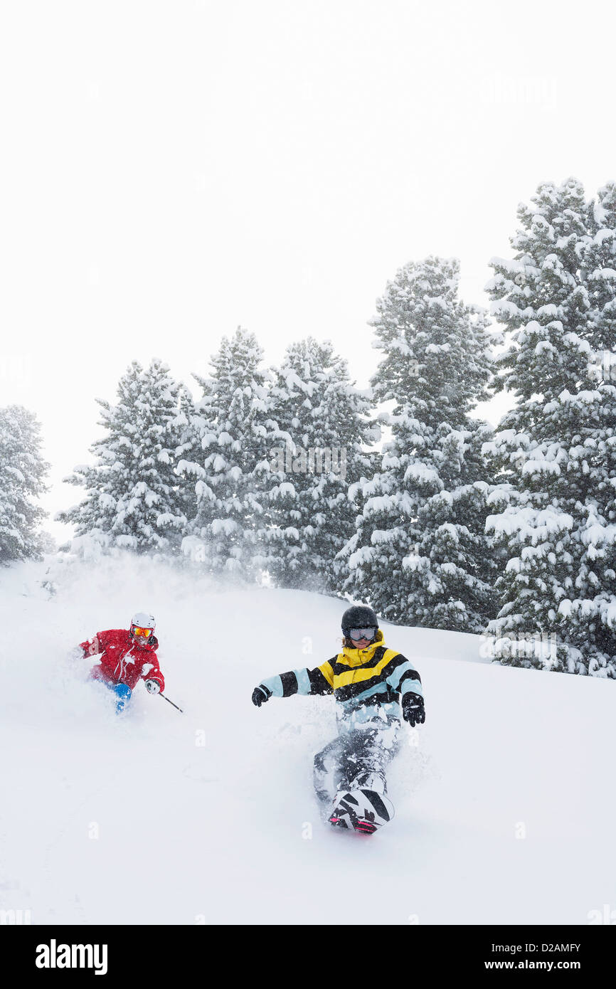Skier and snowboarder on snowy slope Stock Photo - Alamy