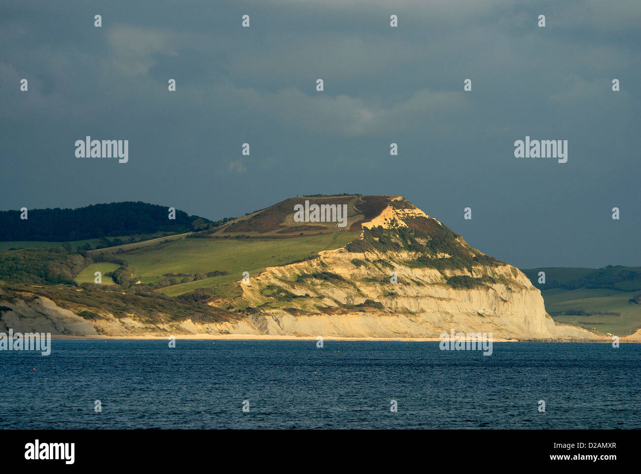 A view of Golden Cap cliff Dorset on the Jurassic coast in Lyme Bay UK ...