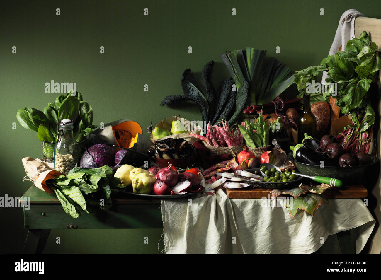 Fruits and vegetables on table Stock Photo - Alamy