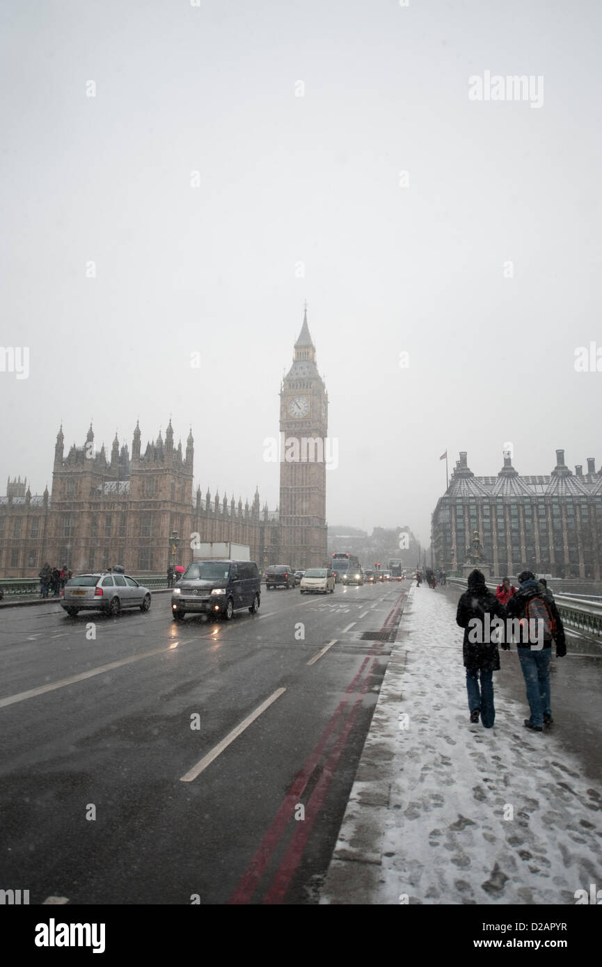 London, UK. 18/01/13. Snow falling in Central London on an ...