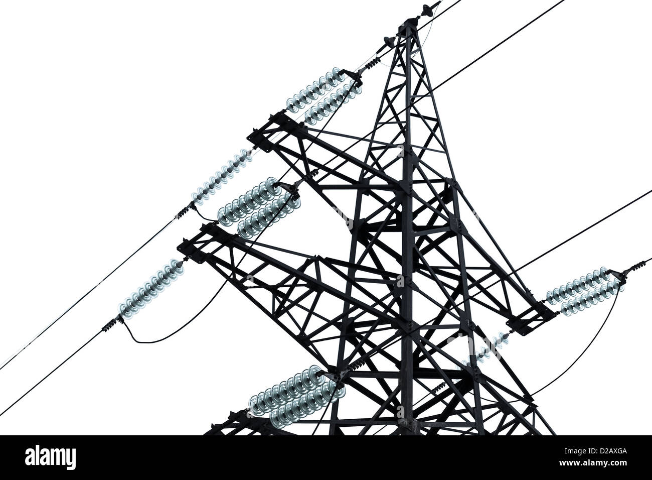 High voltage power lines and big pylon isolated on white Stock Photo ...