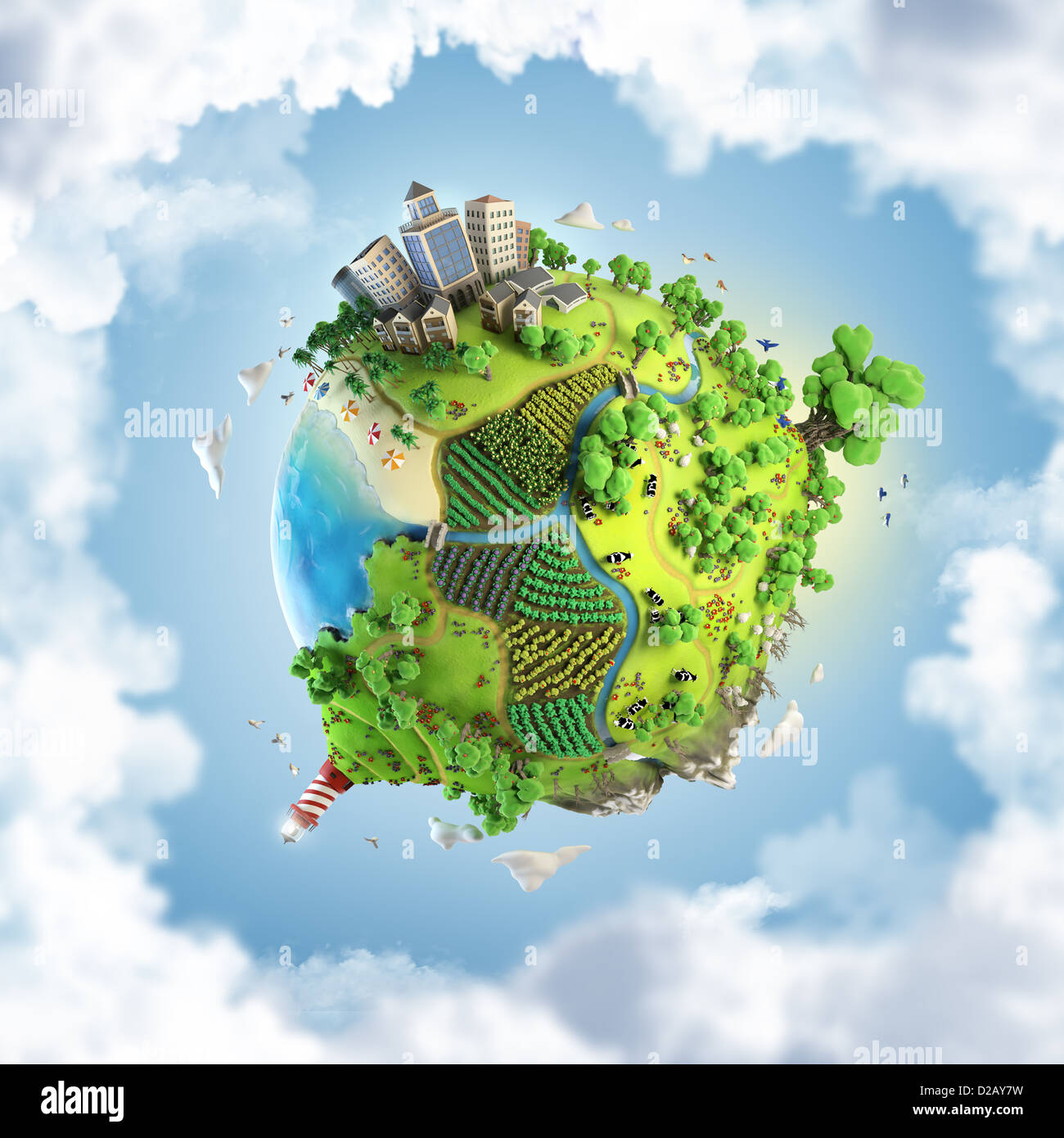 globe concept showing a green, peaceful and idyllic life style in the ...