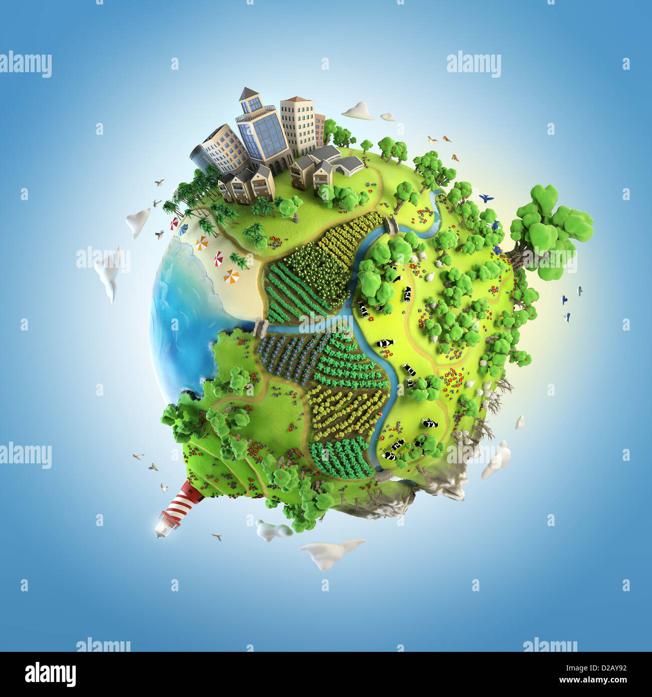 globe concept showing a green, peaceful and idyllic life style in the ...