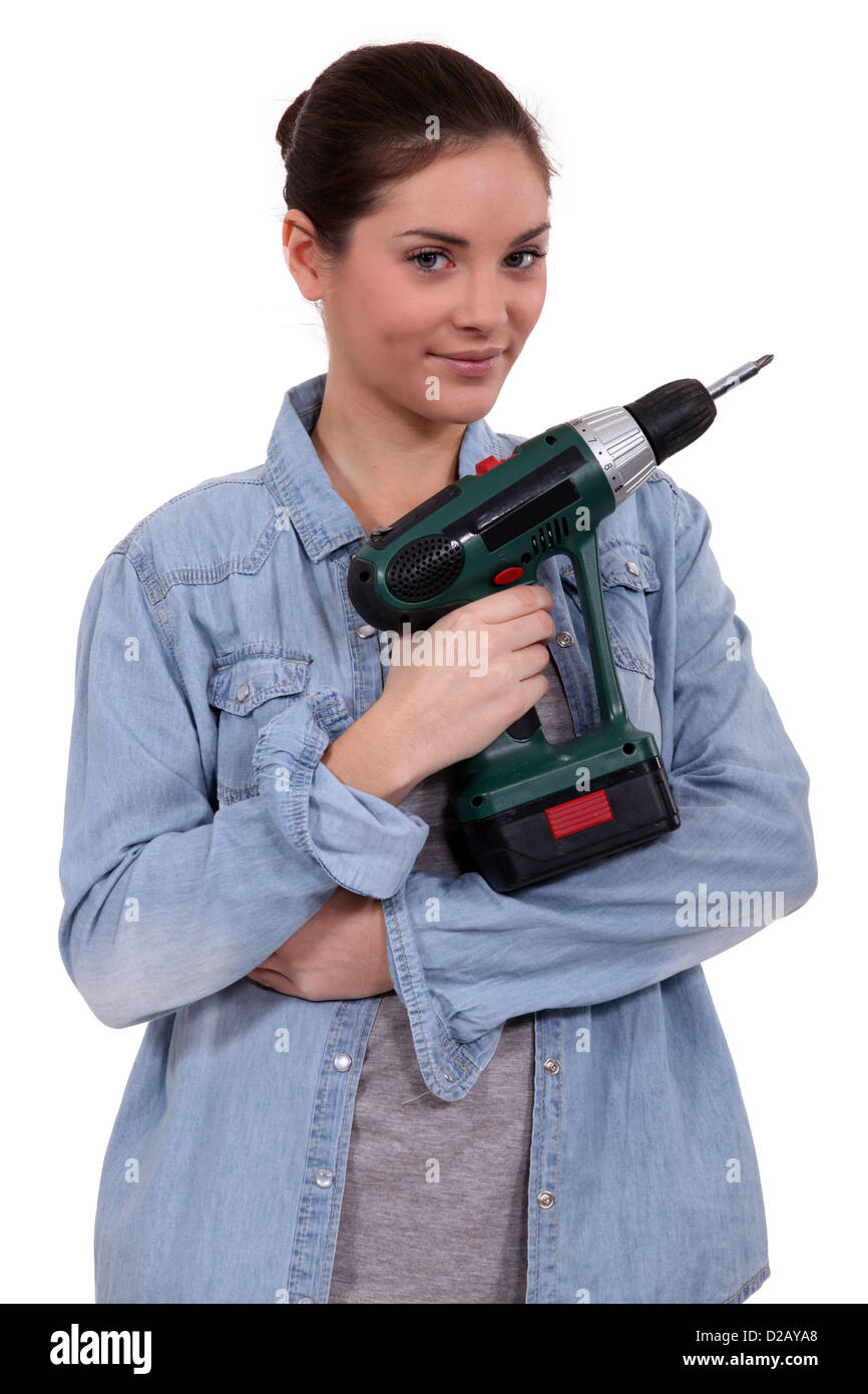Woman with cordless drill Stock Photo - Alamy