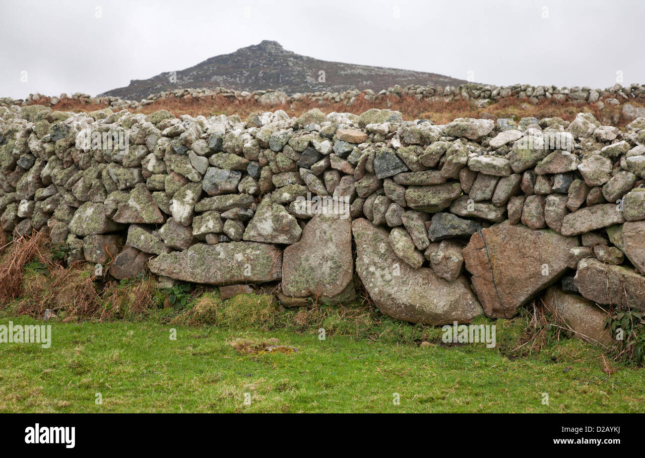 Granite stone walls dividing cliff top fields near Zennor Cornwall UK ...