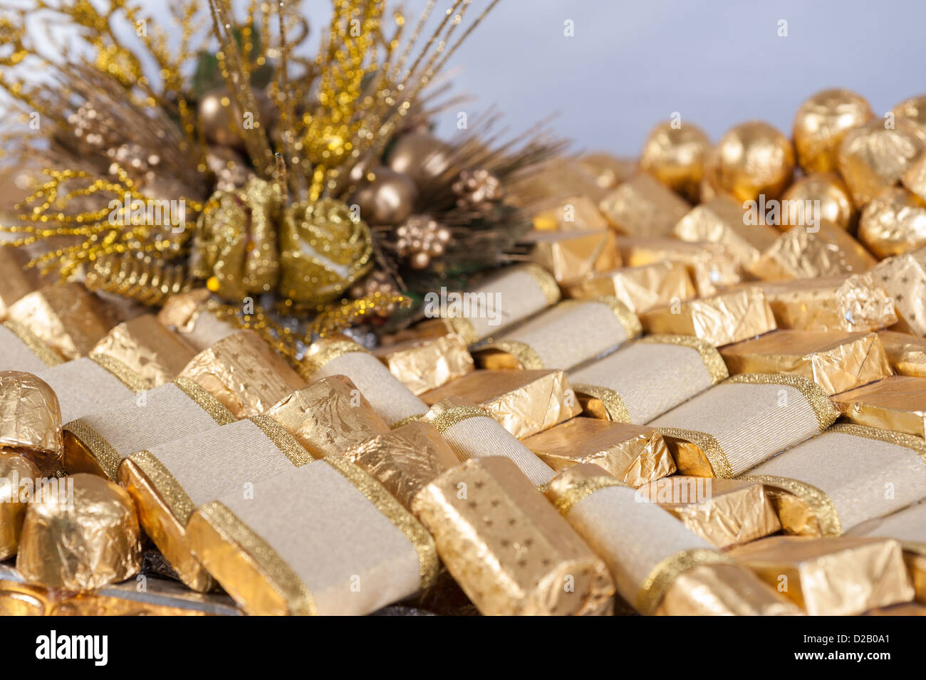 Display showing collection of festive style chocolate sweets with ...