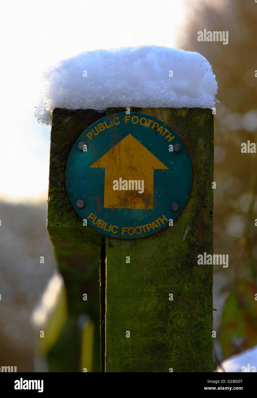Snow capped Public footpath way marker Stock Photo - Alamy